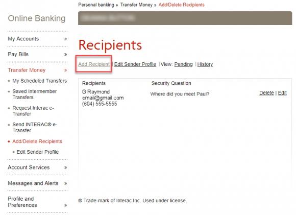 How do I add a recipient to send or request an Interac e-Transfer ...