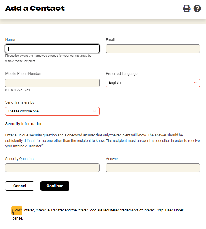 How do I add a contact to send or request an Interac e-Transfer ...