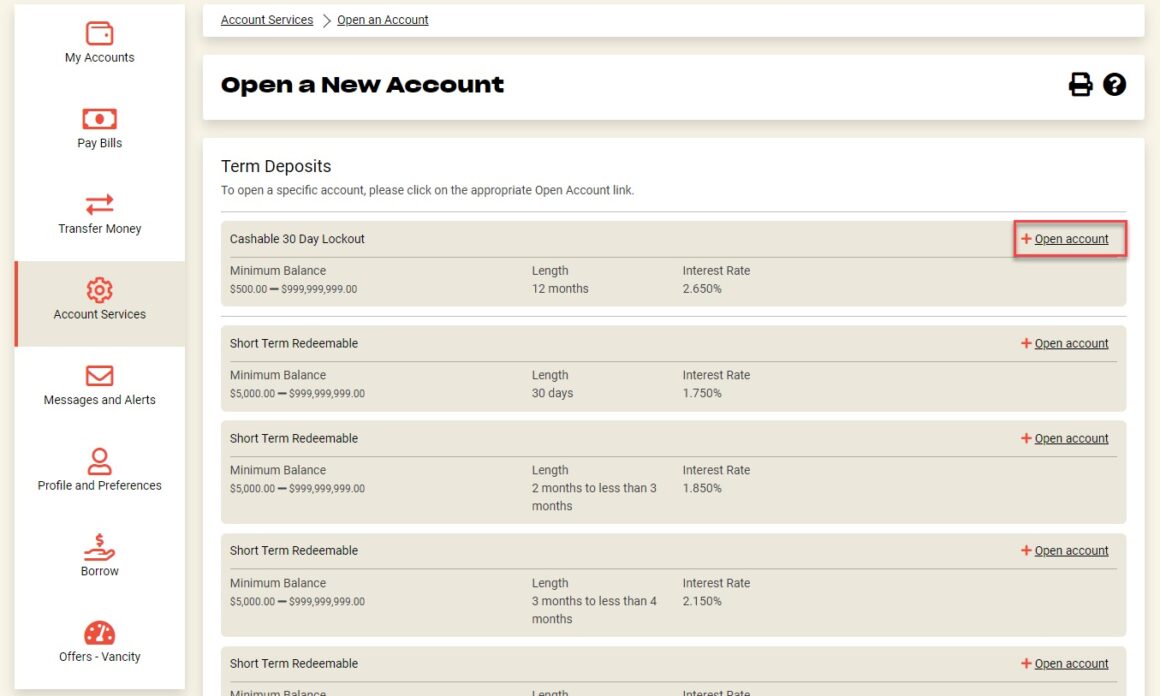 How do I add an additional account in online banking? i.e. term deposit ...