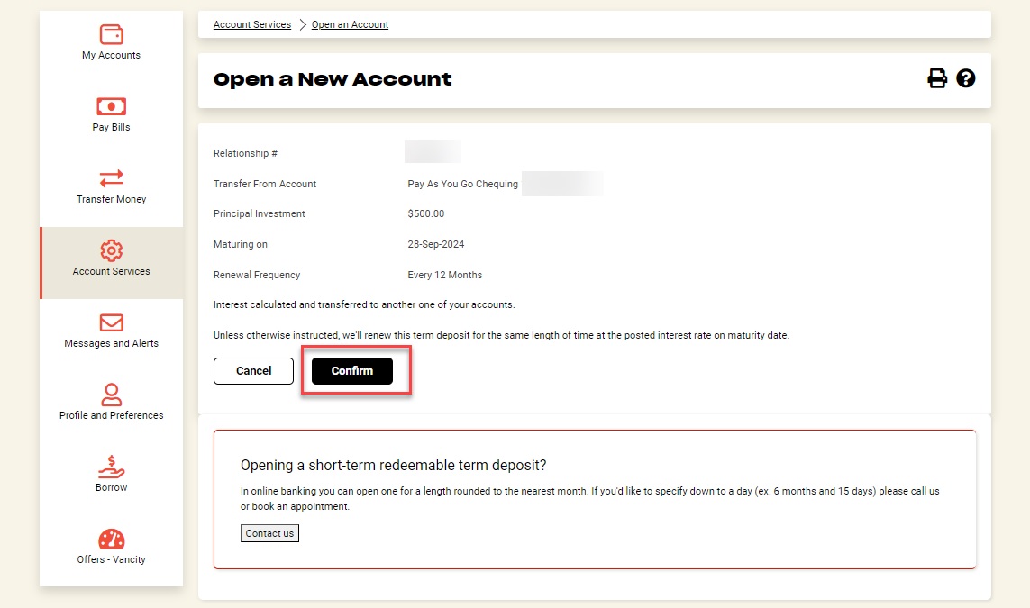 How do I add an additional account in online banking? i.e. term deposit ...